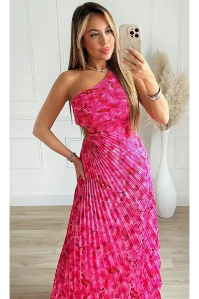 The Alexis Hot Pink Floral One Shoulder Pleated Midi Dress – Cason Couture