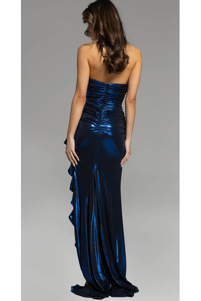 The Jovani 43144 Blue Metallic Strapless Ruched High Slit Gown – Cason ...