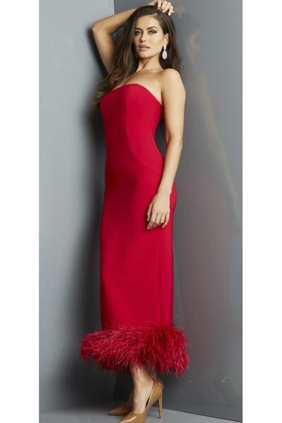 The Jovani 09630 Red Strapless Feather Hem Formal Gown – Cason Couture
