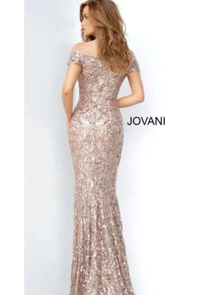 The Jovani 1122 Blush Off Shoulder Sequin Gown – Cason Couture