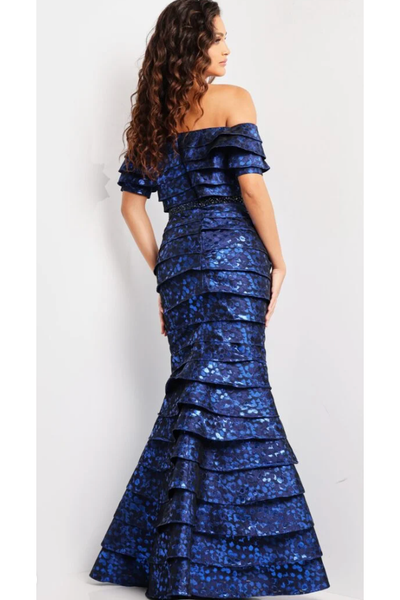 The Jovani 26255 Royal Blue Off The Shoulder Tiered Gown – Cason Couture
