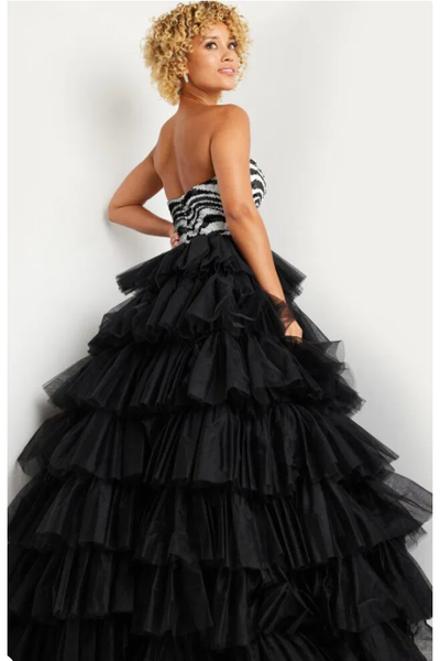 The Jovani 38360 Black/White Strapless Zebra Sequin Tiered Tulle Gown ...