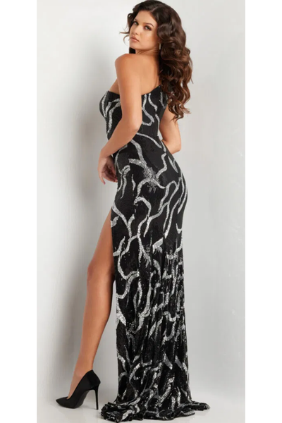 The Jovani 38377 Black/Silver One Shoulder Sequin Gown – Cason Couture