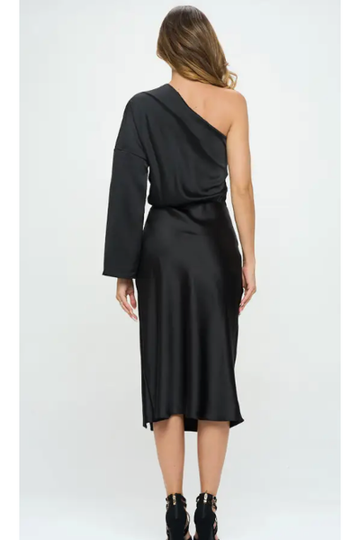 The Bianca Black One Shoulder Satin Midi Dress – Cason Couture