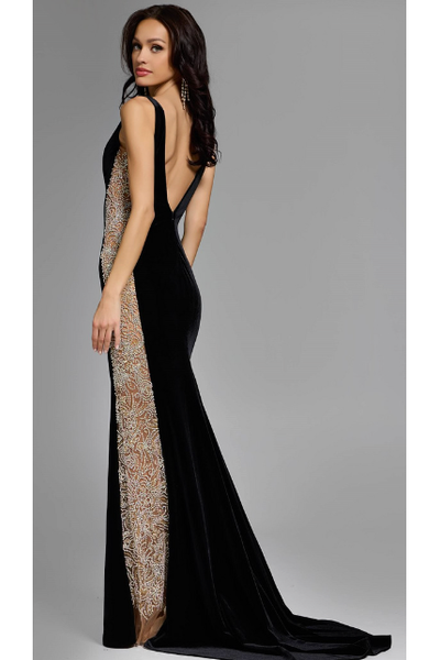The Jovani 42026 Black Velvet Beaded Side Gown – Cason Couture