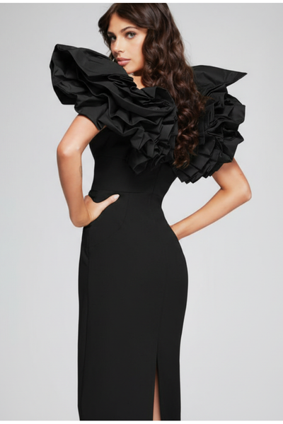 The Jovani 40662 Black Ruffle Sleeve Formal Midi Dress – Cason Couture