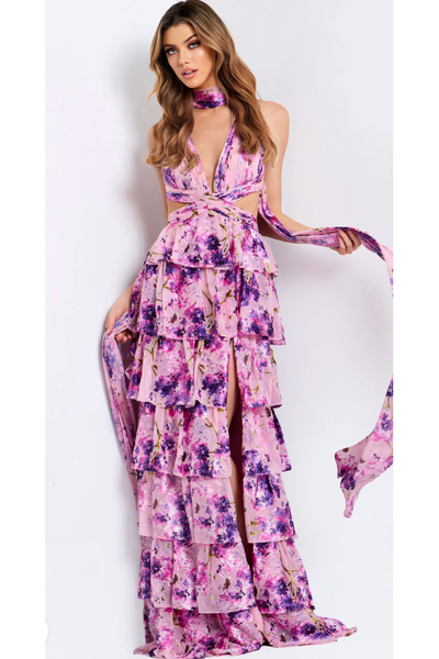 The Jovani 48234 Pink Floral Open Side Tiered Gown – Cason Couture