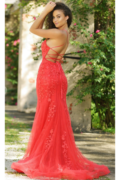 The Fairytale Red Applique and Gem Embellished Tulle Gown – Cason Couture